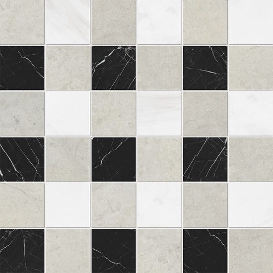 Soho Patchwork Marble Mosaic in Serene Limestone & Blanco Nieve & Blac ...