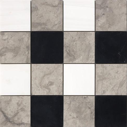 Soho Patchwork Marble Mosaic in Serene Limestone & Blanco Nieve & Blac ...